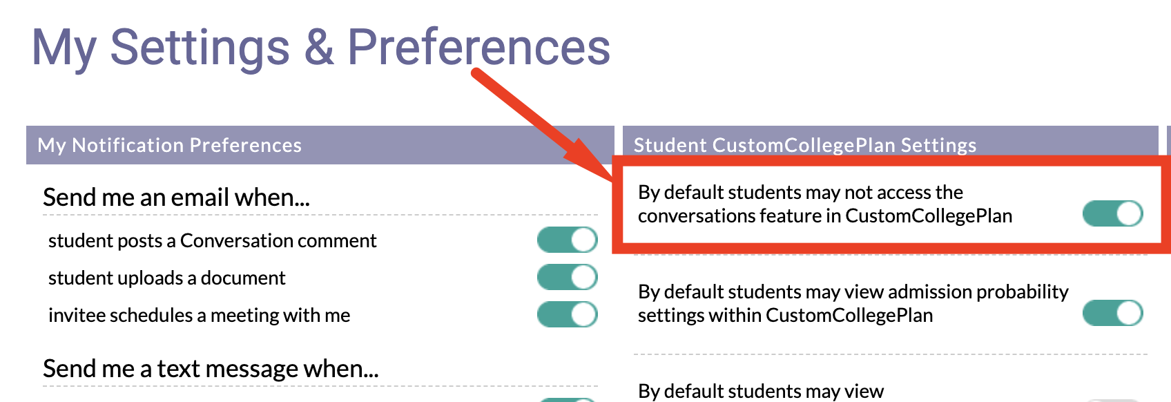 How to turn on/off the student Conversation feature – CollegePlannerPro ...
