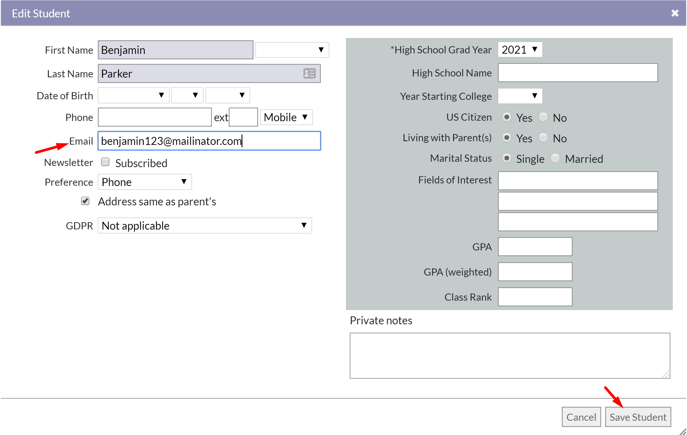 Creating a sample student profile and CustomCollegePlan account ...