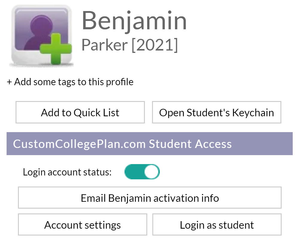 Creating a sample student profile and CustomCollegePlan account ...